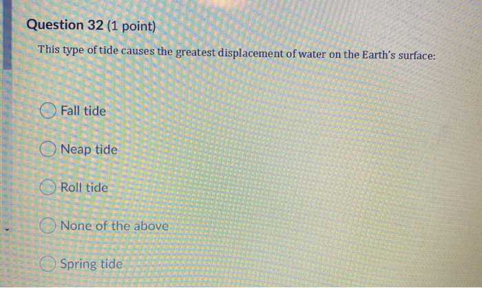 Solved Question 32 (1 point) This type of tide causes the | Chegg.com
