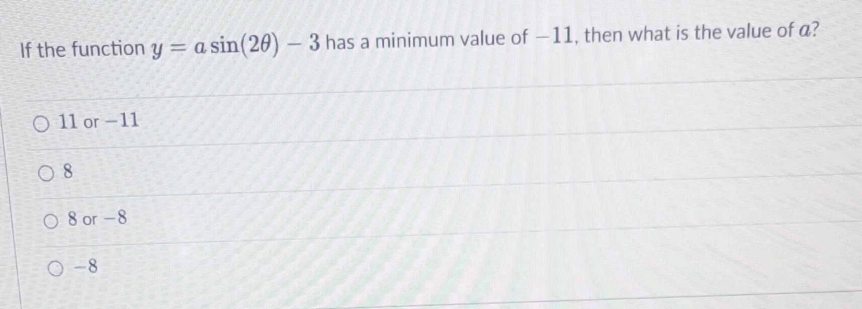 Solved If the function y=asin(2θ)−3 has a minimum value of | Chegg.com