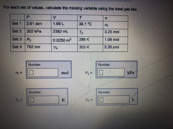 Solved For each set of values, calculate the missing | Chegg.com
