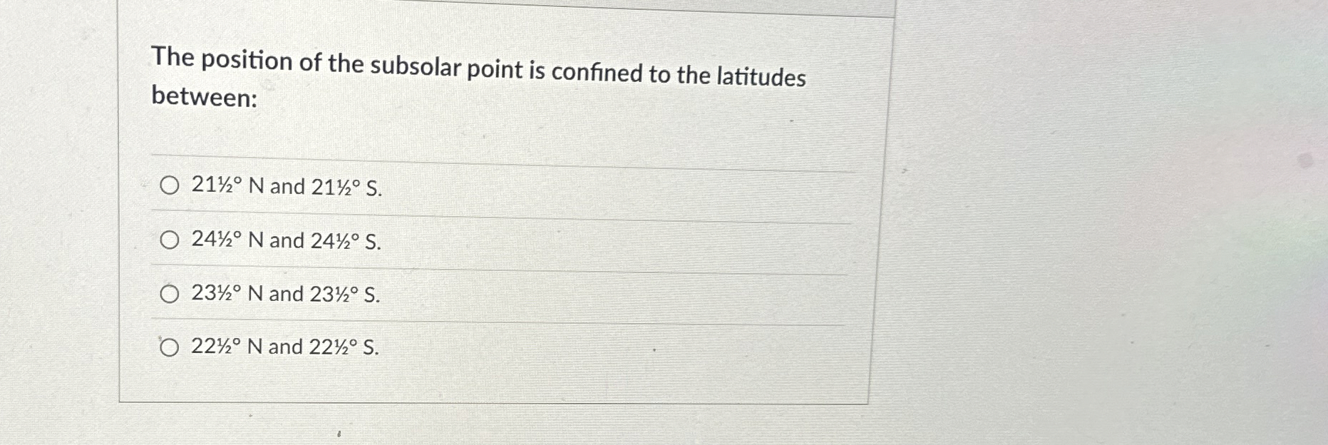 Solved The position of the subsolar point is confined to the | Chegg.com