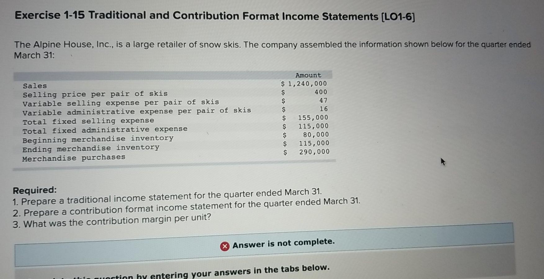 Solved Exercise 1-15 Traditional and Contribution Format | Chegg.com