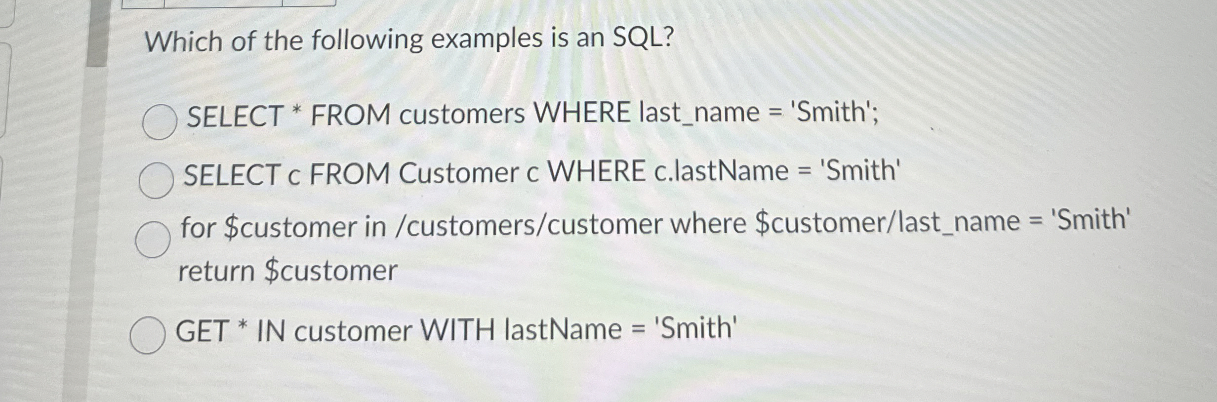 Solved Which of the following examples is an SQL?SELECT * | Chegg.com
