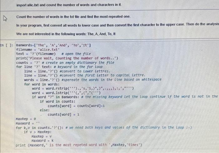 Solved import alic.txt and cound the number of words and | Chegg.com