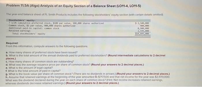 Solved Problem 11.5A (Algo) Arialysis of an Equity Section | Chegg.com