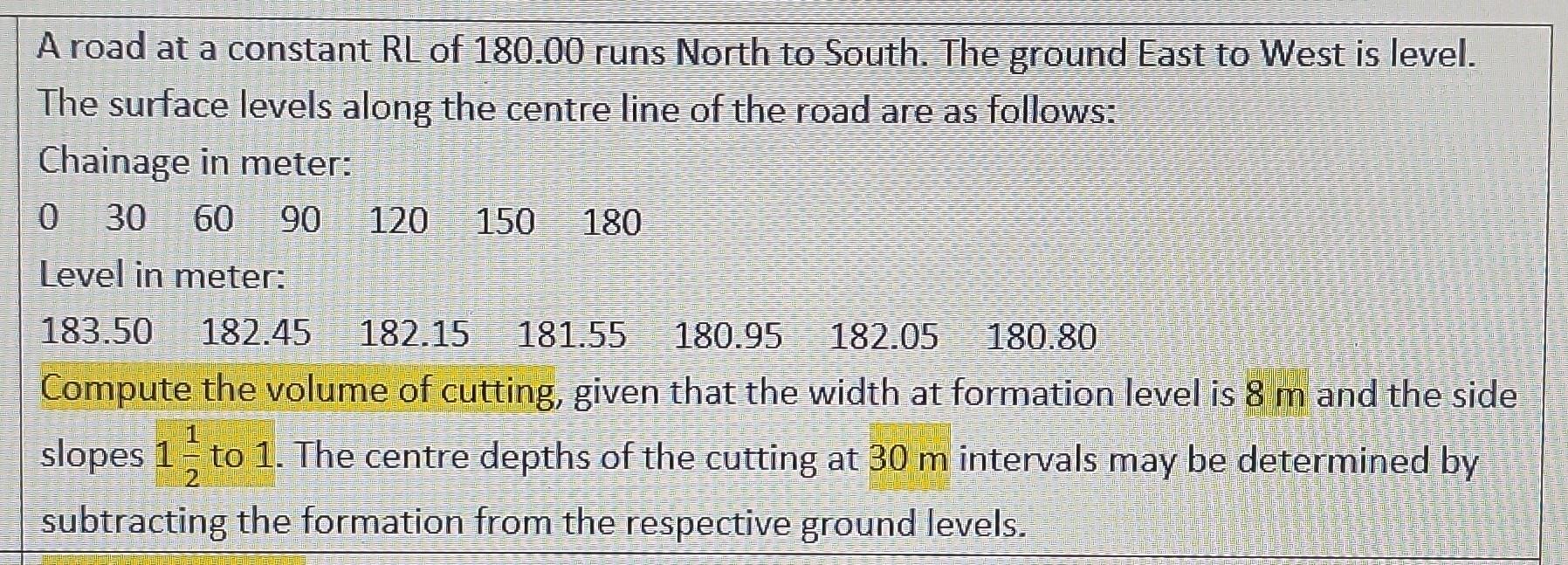 Solved A road at a constant RL of 180.00 runs North to | Chegg.com