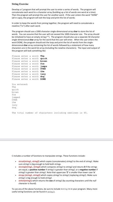 Solved String Exercise Develop a C pegram that will perempt | Chegg.com