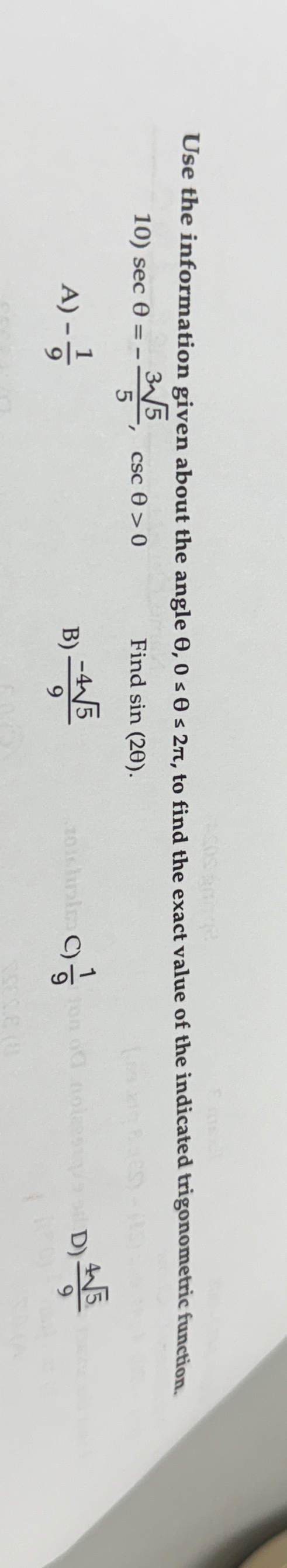 Solved Use the information given about the angle θ,0≤θ≤2π, | Chegg.com