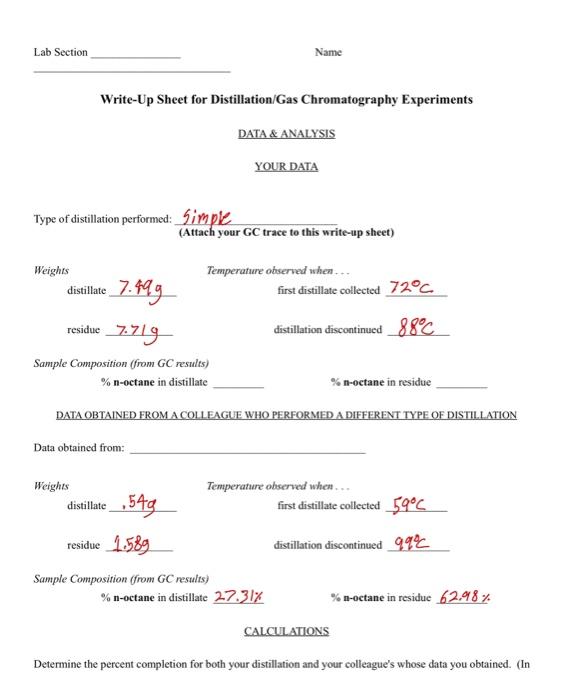 Solved Lab Section Name Write-Up Sheet for Distillation/Gas | Chegg.com