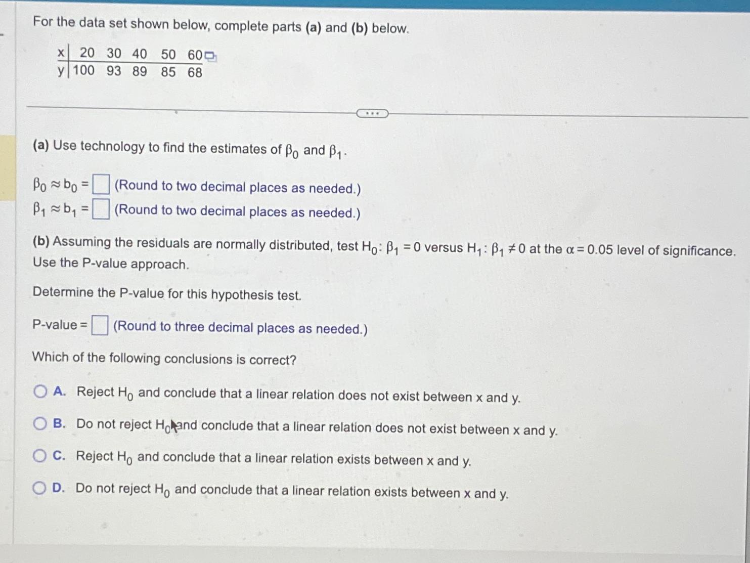 Solved For the data set shown below, complete parts (a) ﻿and | Chegg.com