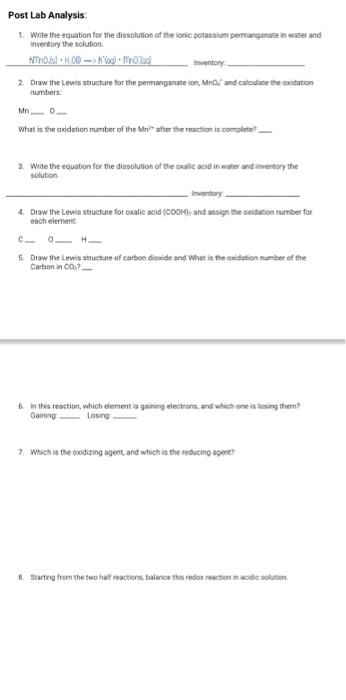 Solved Post Lab Analysis: 1. Wite the equation for the | Chegg.com