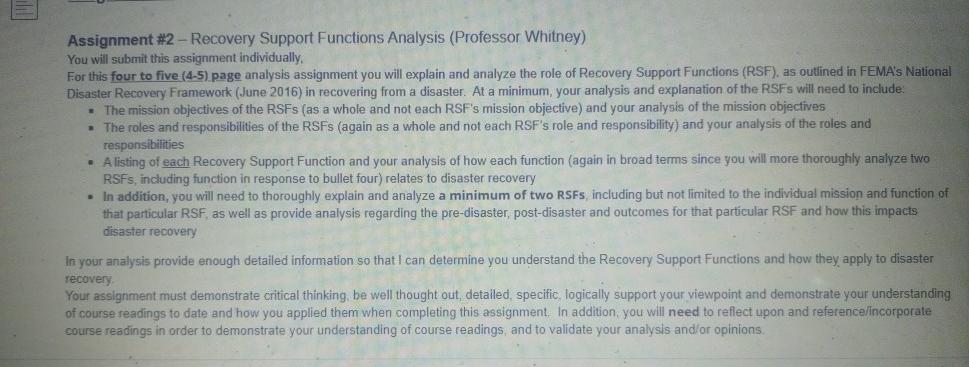 Assignment #2 - Recovery Support Functions Analysis | Chegg.com