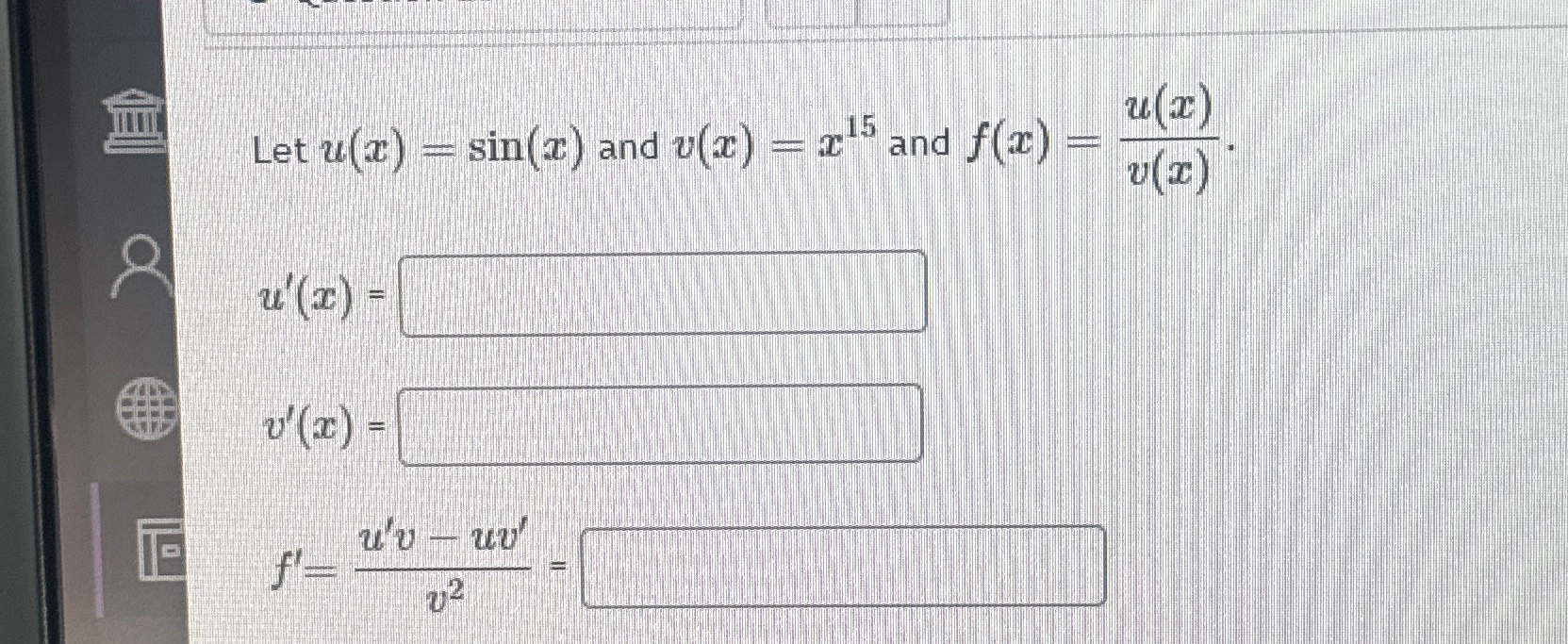Solved Let u(x)=sin(x) and v(x)=x15 and | Chegg.com Solved Let u(x)=sin(x) and v(x)=x15 and | Chegg.com