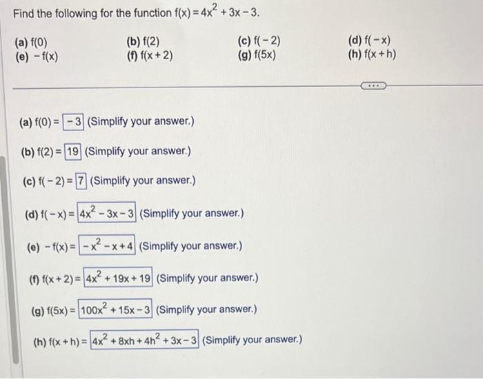 Solved Find the following for the function f(x)=4x2+3x−3. | Chegg.com