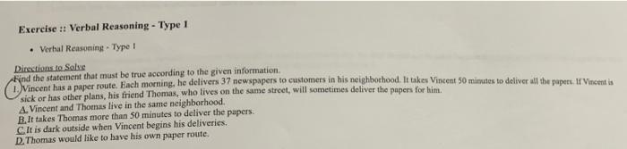 Exercise :: Verbal Reasoning - Type 1 - Verbal | Chegg.com