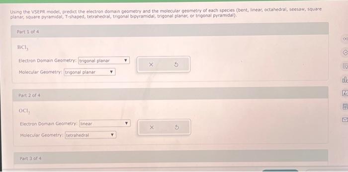 Solved Jsing the VSEPR model, predict the electron domain | Chegg.com