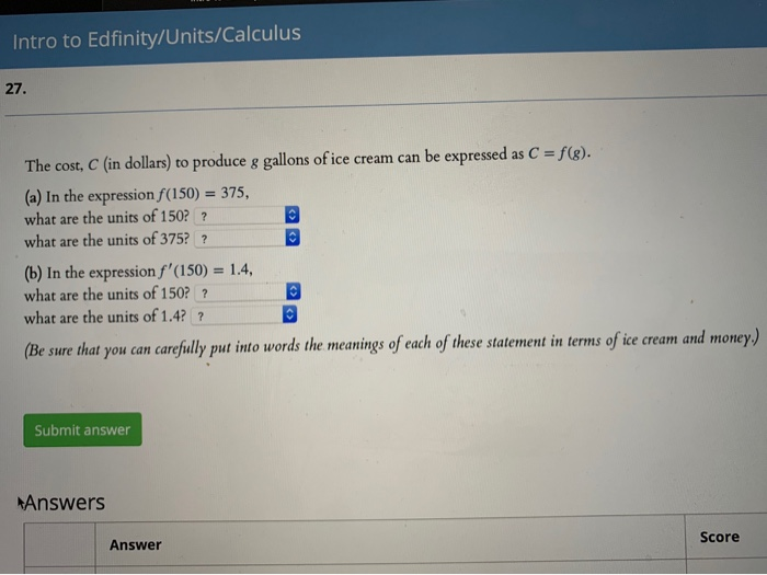 Solved Intro to Edfinity/Units/Calculus 27. The cost, C (in | Chegg.com