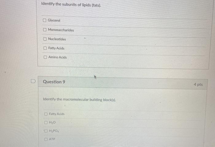 Solved Identify the subunits of lipids (fats). Glycerol | Chegg.com