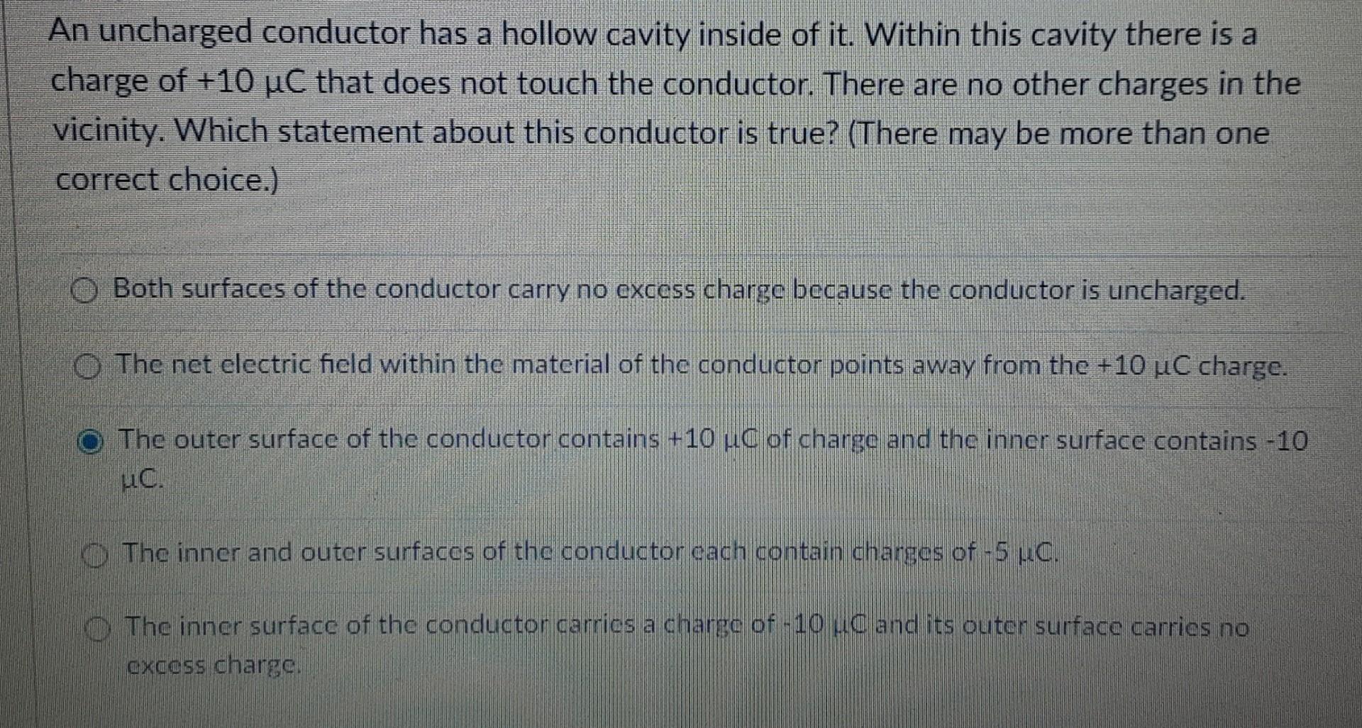 Solved An uncharged conductor has a hollow cavity inside of | Chegg.com
