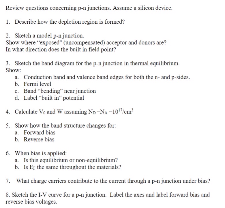 Solved Review questions concerning p-n junctions. Assume a | Chegg.com