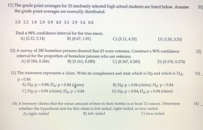 Solved 11) The grade point averages for 10 randomly | Chegg.com