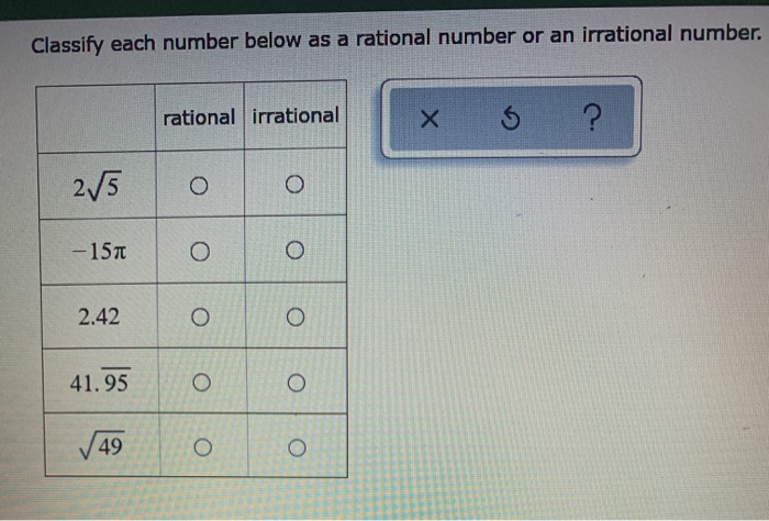 Solved Classify each number below as a rational number or an | Chegg.com