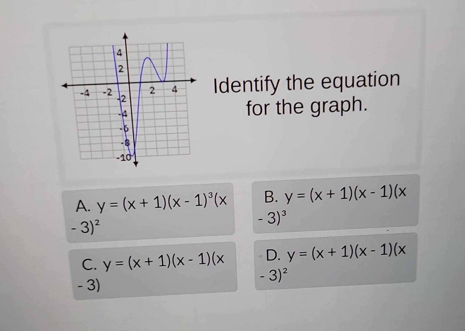 Solved Identify the equation for the graph. y=(x+1)(x−1)3(x | Chegg.com