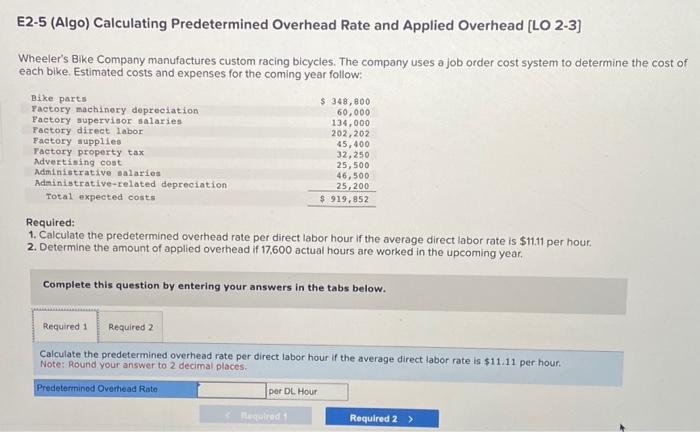 Solved E2-5 (Algo) Calculating Predetermined Overhead Rate | Chegg.com