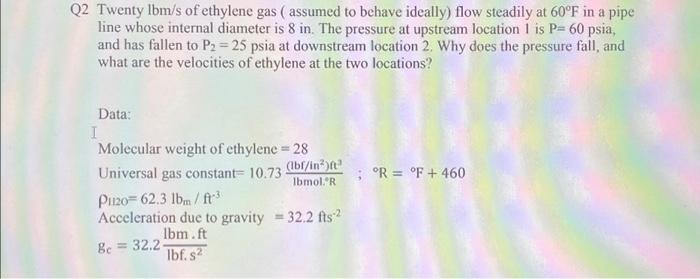 Solved Q2 Twenty lbm/s of ethylene gas (assumed to behave | Chegg.com