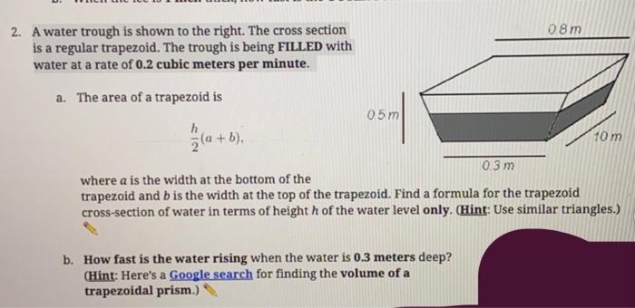 Solved 08 m 2. A water trough is shown to the right. The | Chegg.com