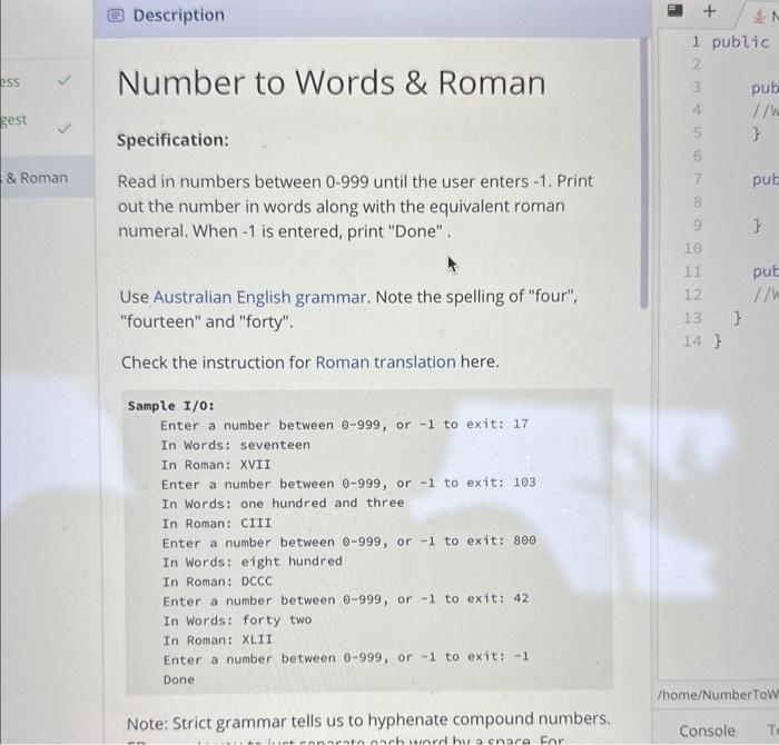 Solved Number to Words \& Roman Specification: Read in | Chegg.com