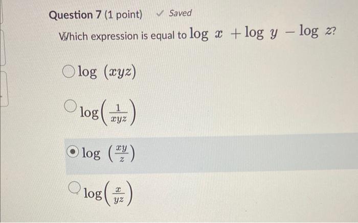 Solved V/hich expression is equal to logx+logy−logz ? | Chegg.com