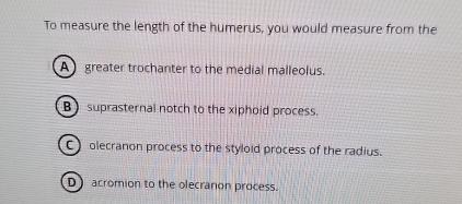 Solved To measure the length of the humerus, you would | Chegg.com