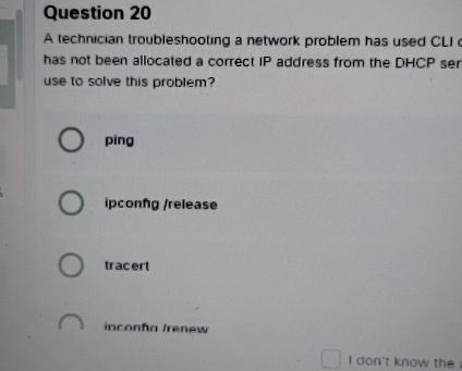 Solved Question 20A technician troubleshooting a network | Chegg.com