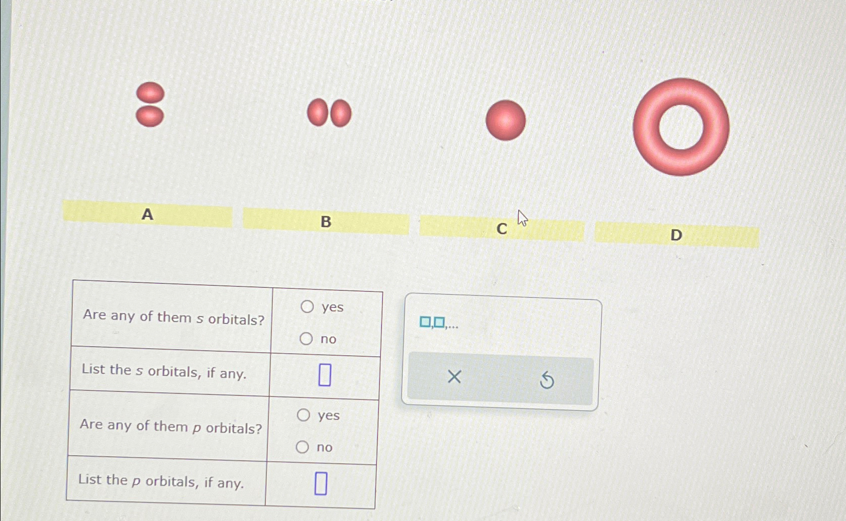 Solved ABCABD\table[[Are any of them s orbitals?,yes],[List | Chegg.com