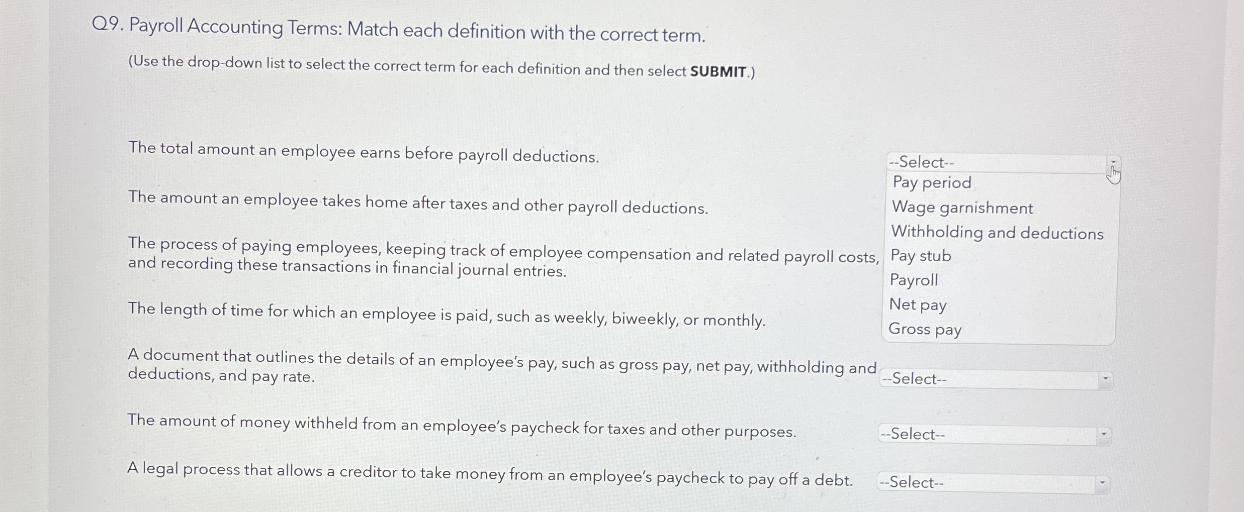 Q9. ﻿Payroll Accounting Terms: Match each definition | Chegg.com