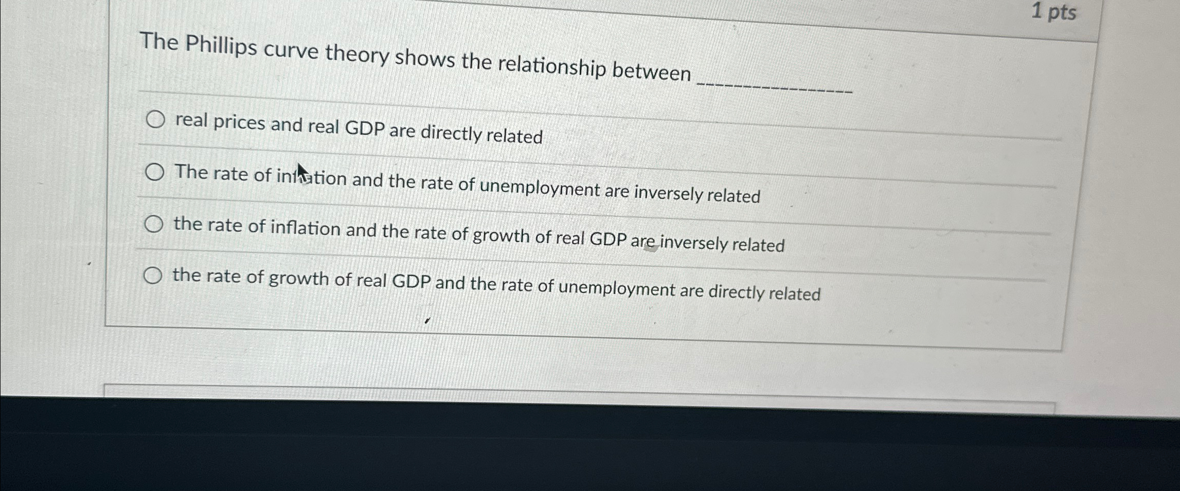 Solved 1 ﻿ptsThe Phillips curve theory shows the | Chegg.com