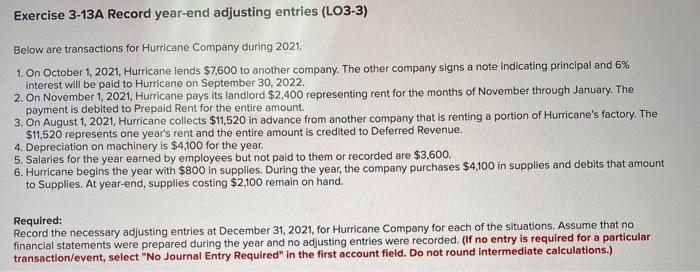 Solved Exercise 3-13A Record year-end adjusting entries | Chegg.com