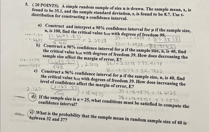 Solved 5. ( 20 POINTS). A simple random sample of size n is | Chegg.com