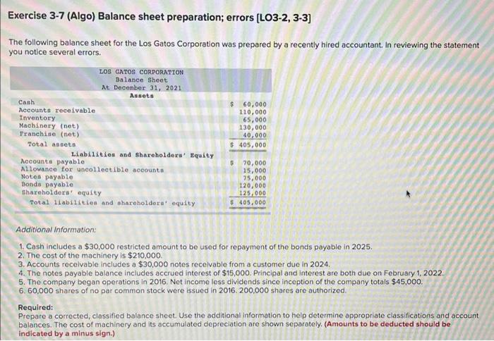 Solved Exercise 3-7 (Algo) Balance sheet preparation; errors | Chegg.com