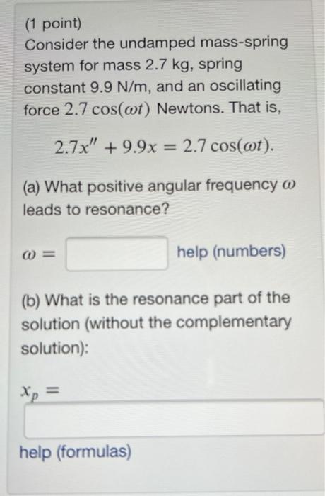 Solved (1 point) Consider the undamped mass-spring system | Chegg.com