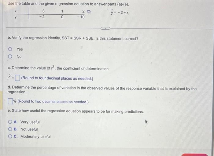 Solved Use the table and the given regression equation to | Chegg.com