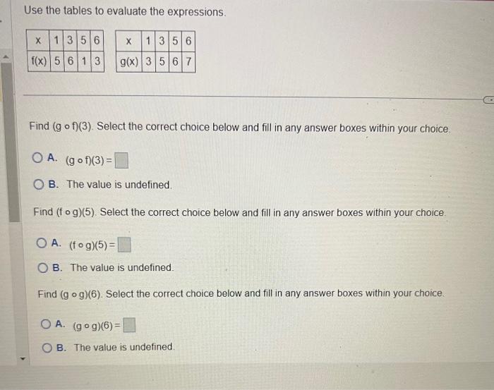 Solved Use the tables to evaluate the expressions. x X 1 3 5 | Chegg.com