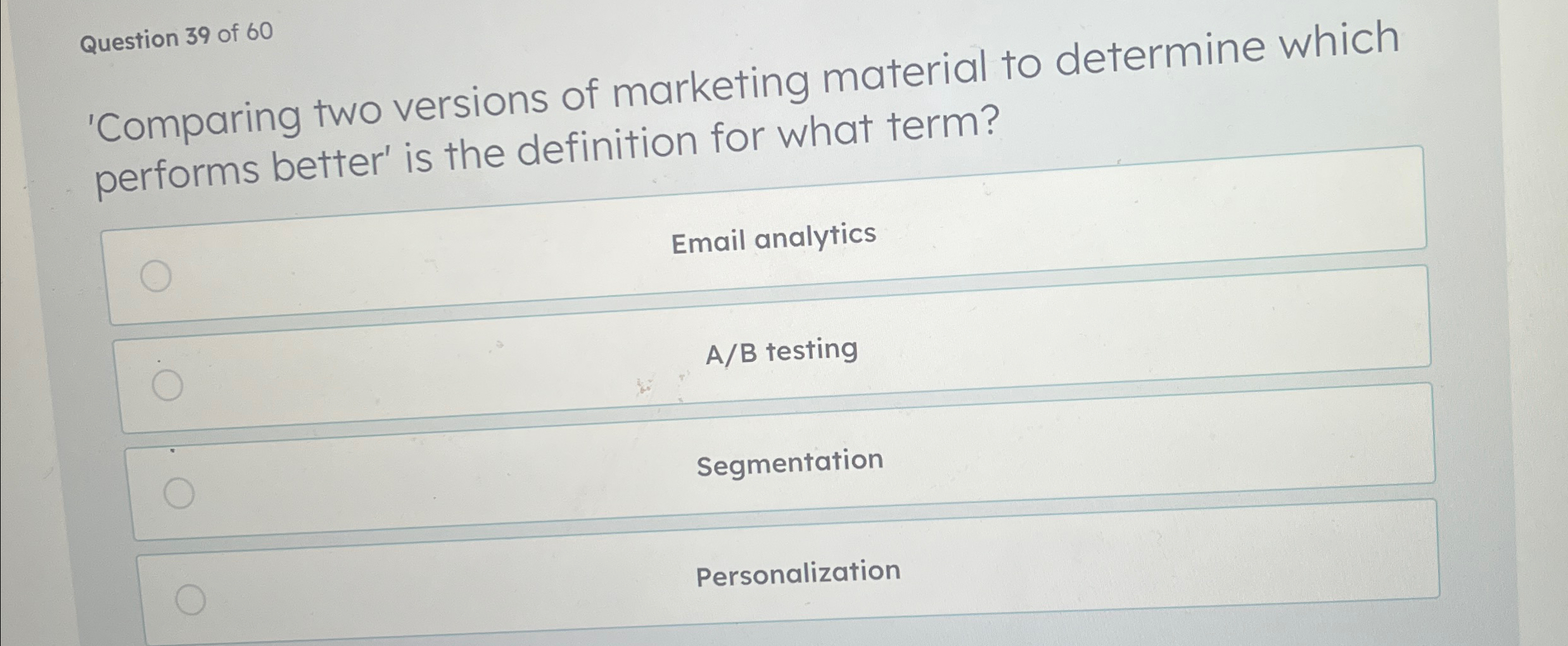 Solved Question 39 ﻿of 60'Comparing two versions of | Chegg.com