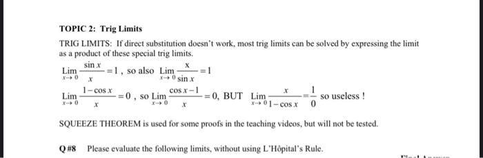 TOPIC 2: Trig Limits TRIG LIMITS: If direct | Chegg.com