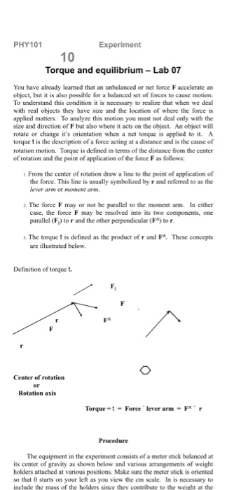 PHY101 Experiment 10 Torque and equilibrium - Lab 07 | Chegg.com