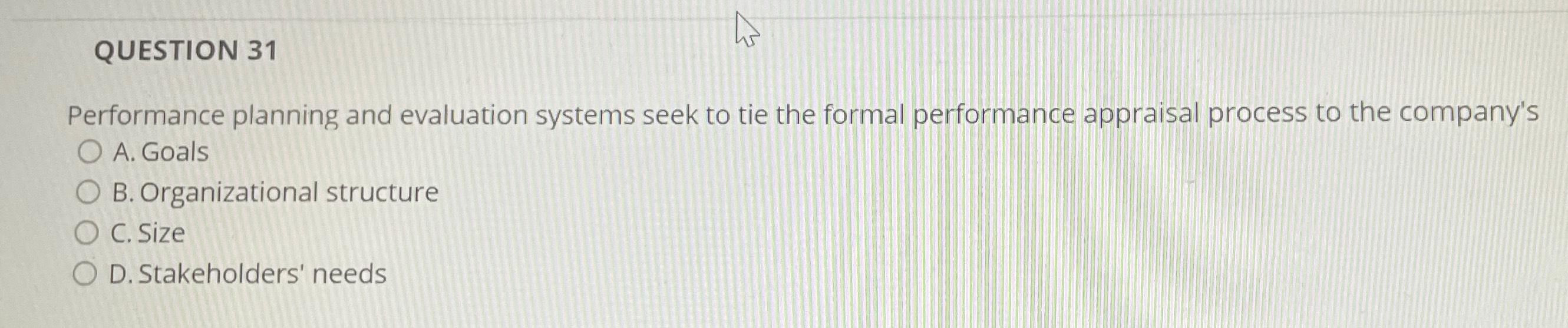 Solved QUESTION 31Performance planning and evaluation | Chegg.com