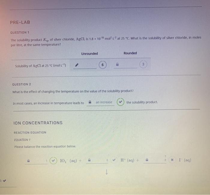 Solved PRE-LAB QUESTION 1 The solubility product Kip of | Chegg.com