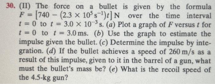Solved 30. (II) The force on a bullet is given by the | Chegg.com
