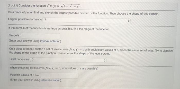 Solved (1 point) Consider the function f(x, y) = V4 - x? - | Chegg.com