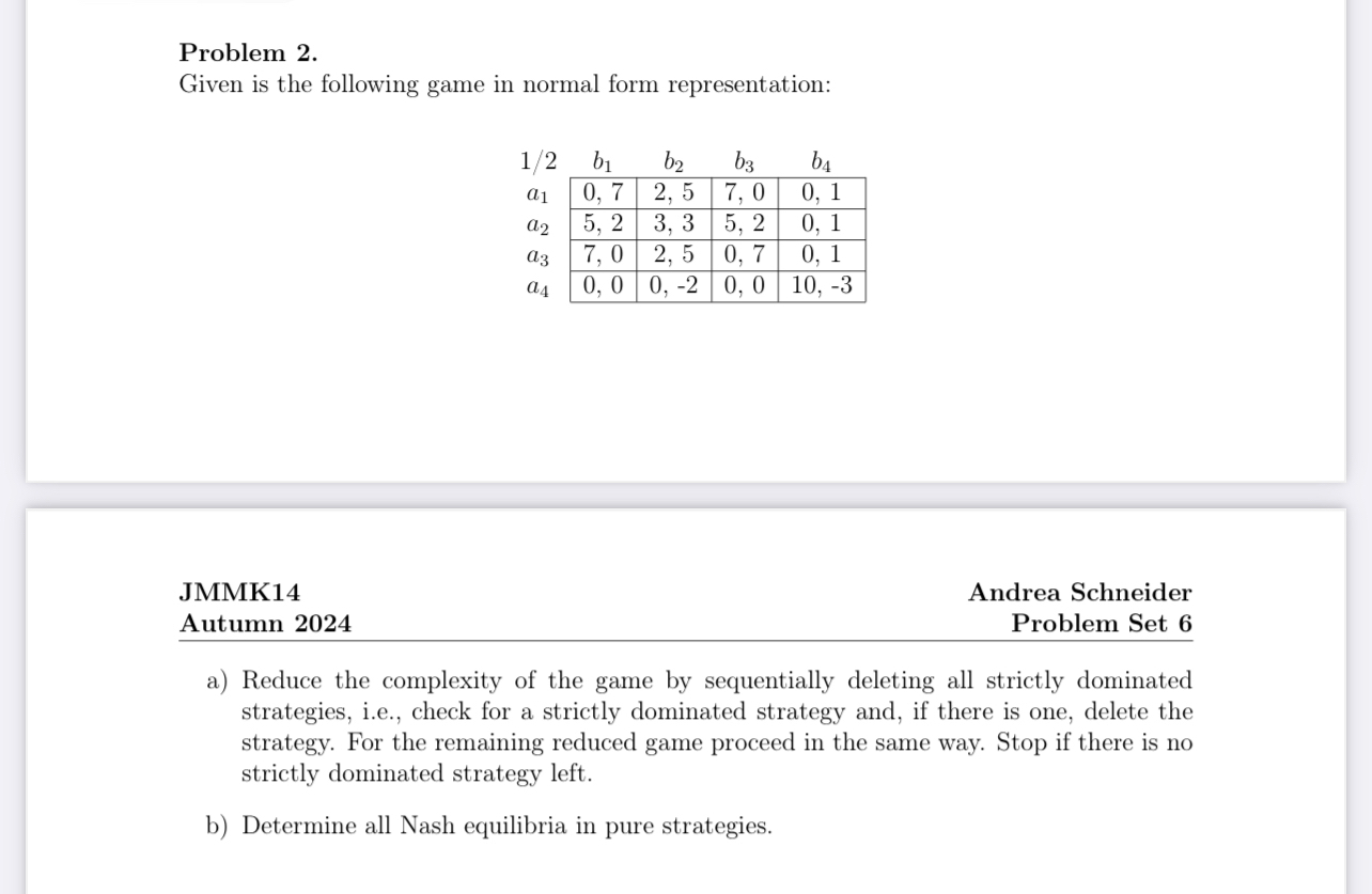 Solved Problem 2.Given is the following game in normal form | Chegg.com